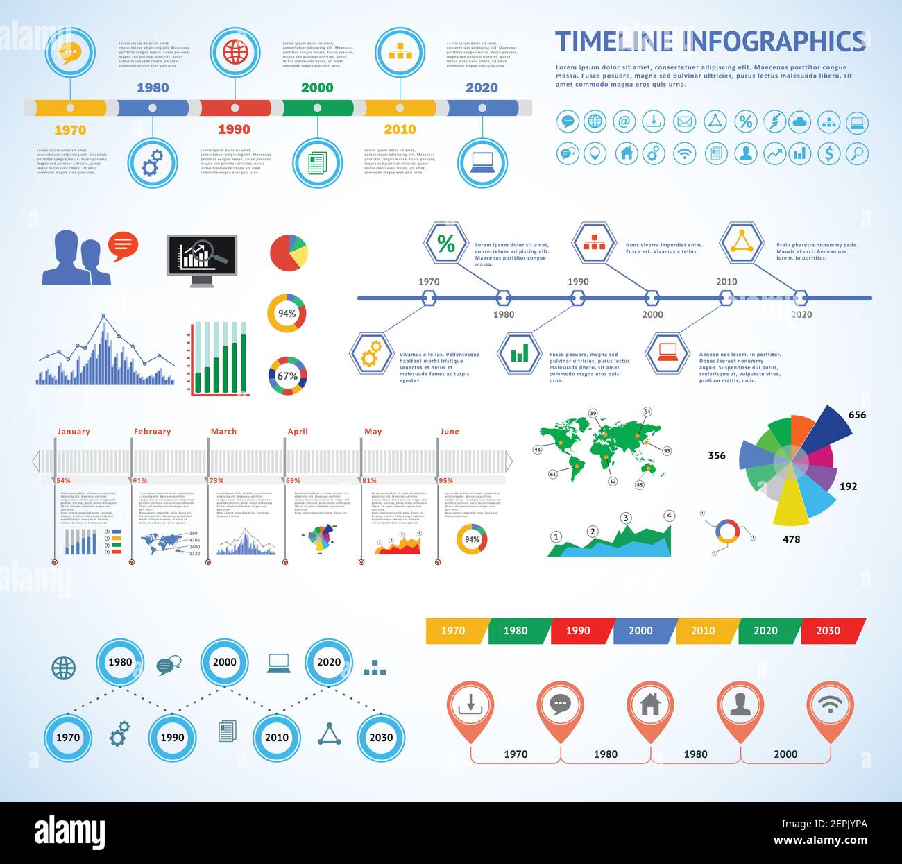 Set of timeline Infographic with diagrams and text. Vector Concept ...