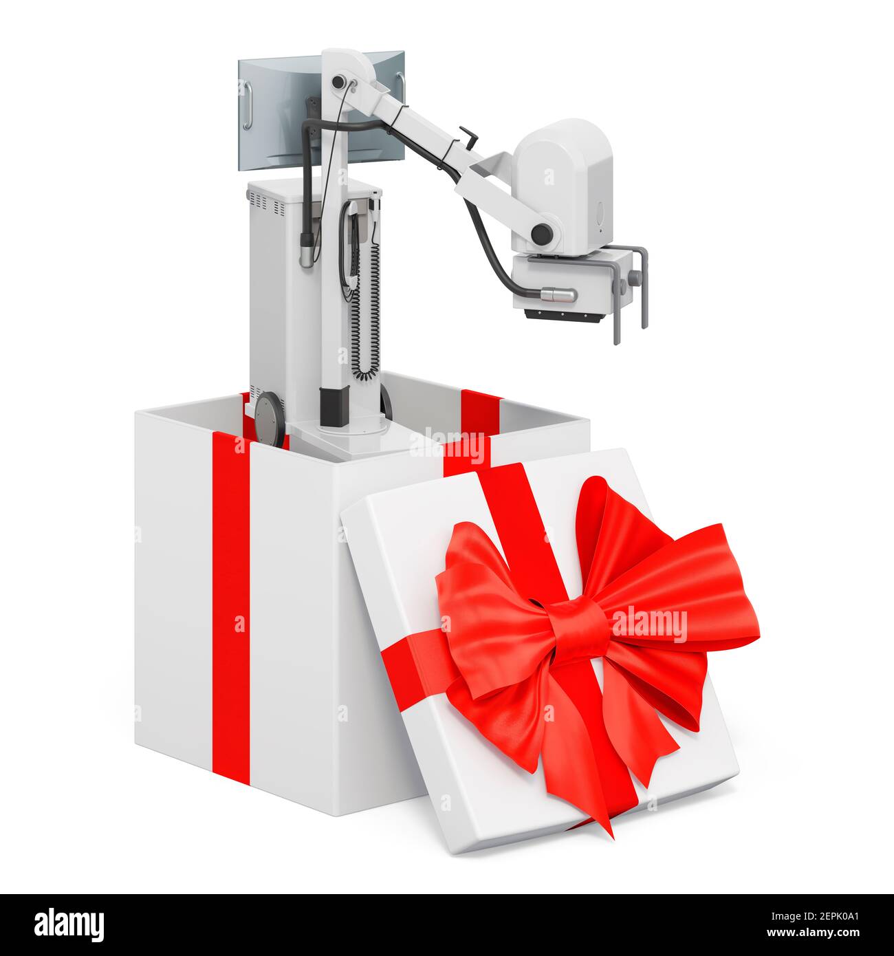 Mobile x-ray machine inside gift box, present concept. 3D rendering ...
