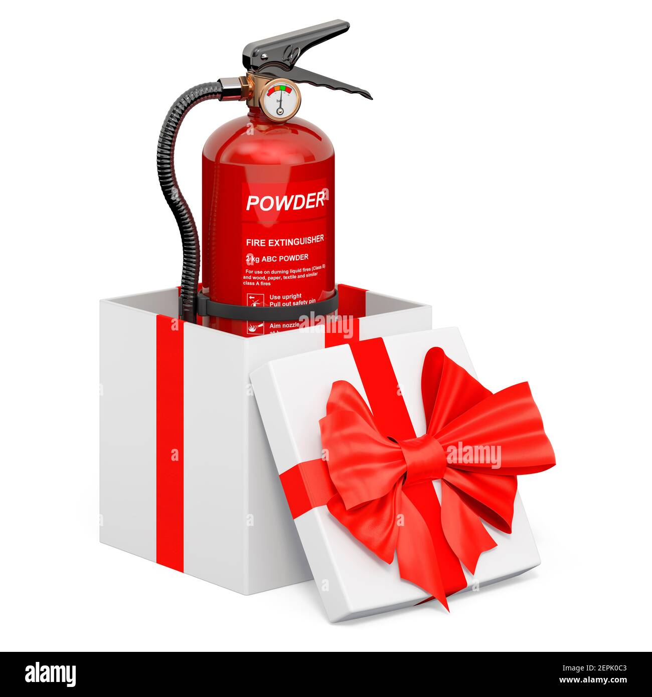 Fire extinguisher inside gift box, present concept. 3D rendering ...
