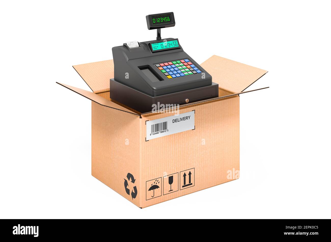 Cash register inside cardboard box, delivery concept. 3D rendering ...