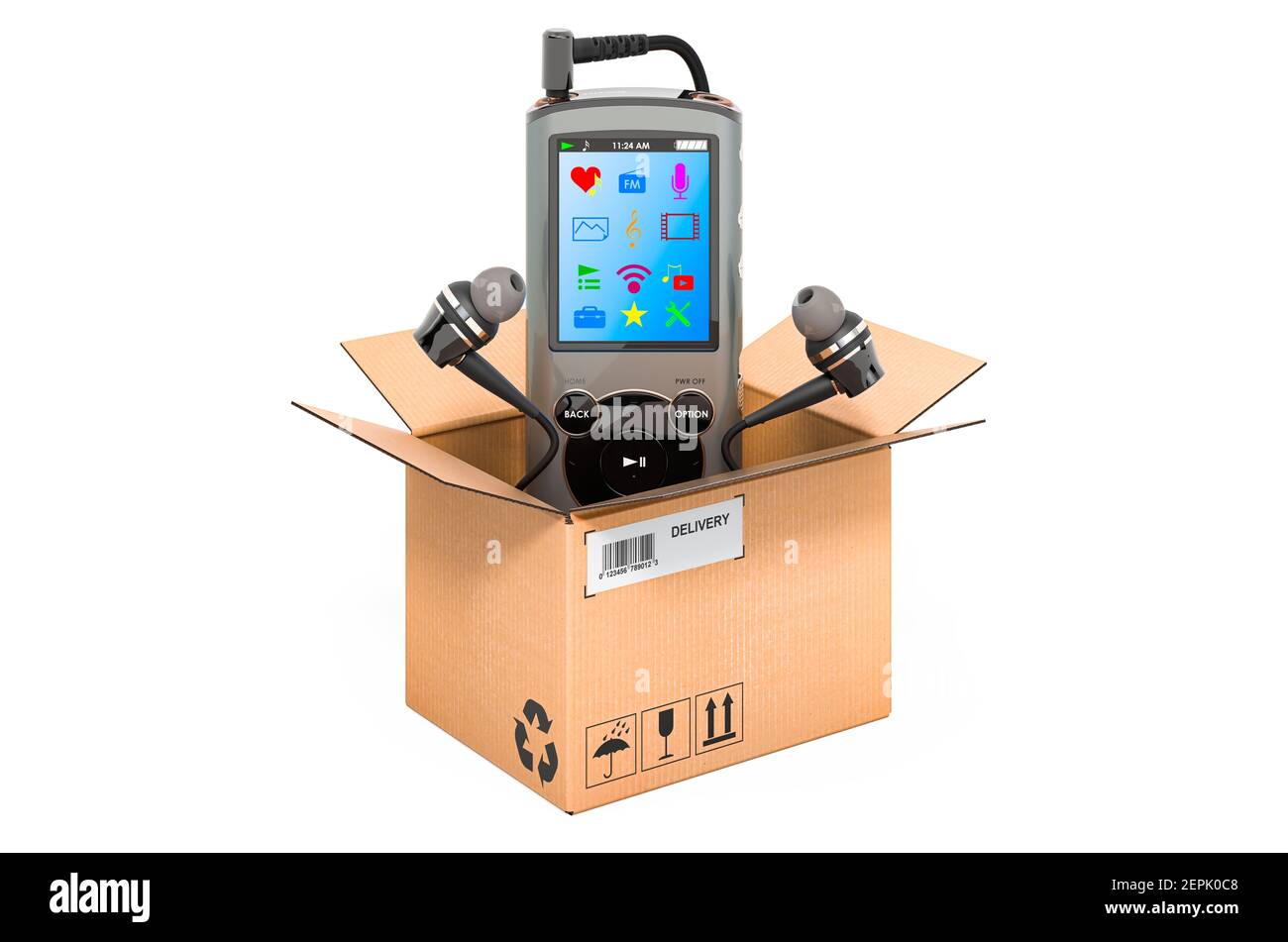 Digital audio player inside cardboard box, delivery concept. 3D ...