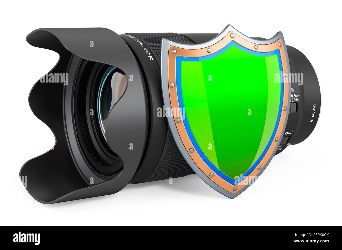 Camera lens with shield, 3D rendering isolated on white background ...