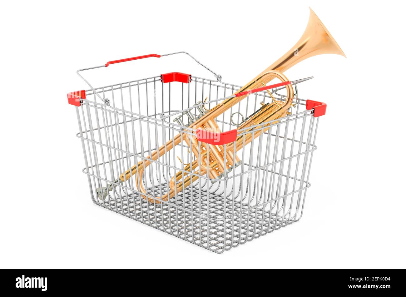 Shopping basket with trumpet, 3D rendering isolated on white background ...