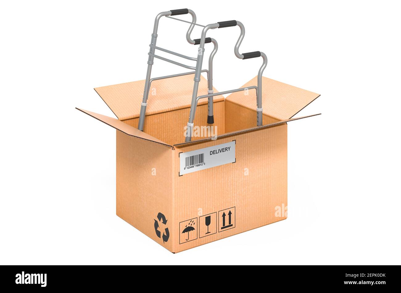 Walking frame inside cardboard box, delivery concept. 3D rendering ...
