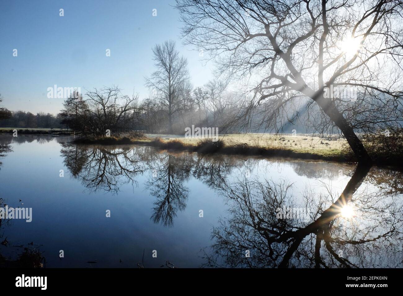 Winter light on The River Wey navigation in Godalming, Surrey Stock ...