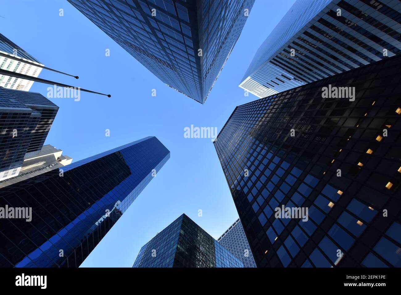 Worm's-eye view architecture and blue background , Lower Manhattan, New ...