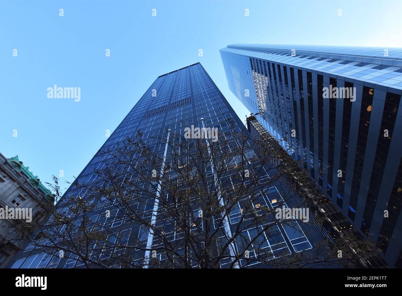 Worm's-eye view architecture and blue background , Lower Manhattan, New ...