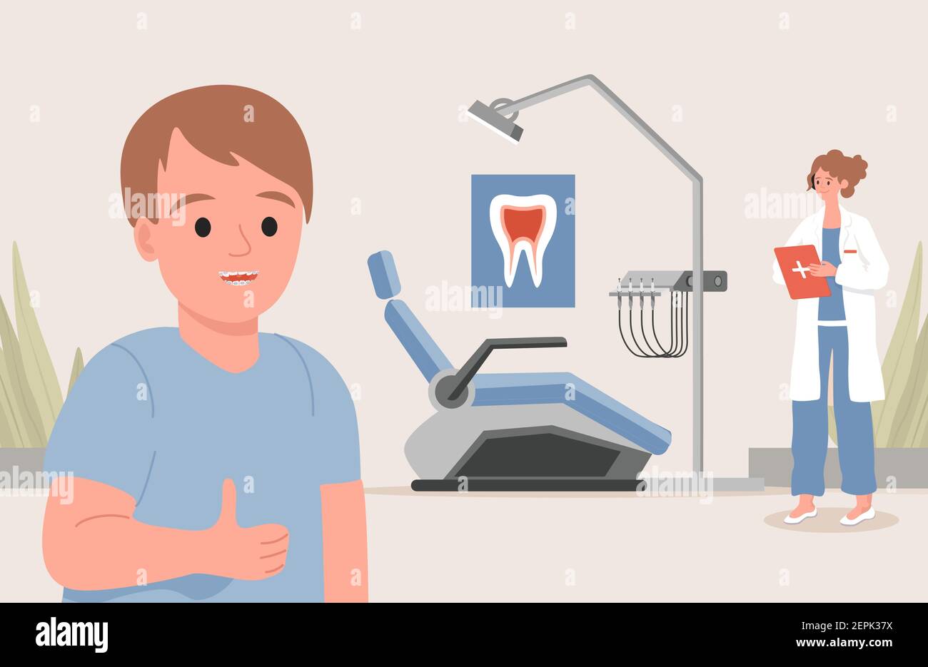 Pediatric dentistry clinic vector flat illustration. Little boy wearing ...