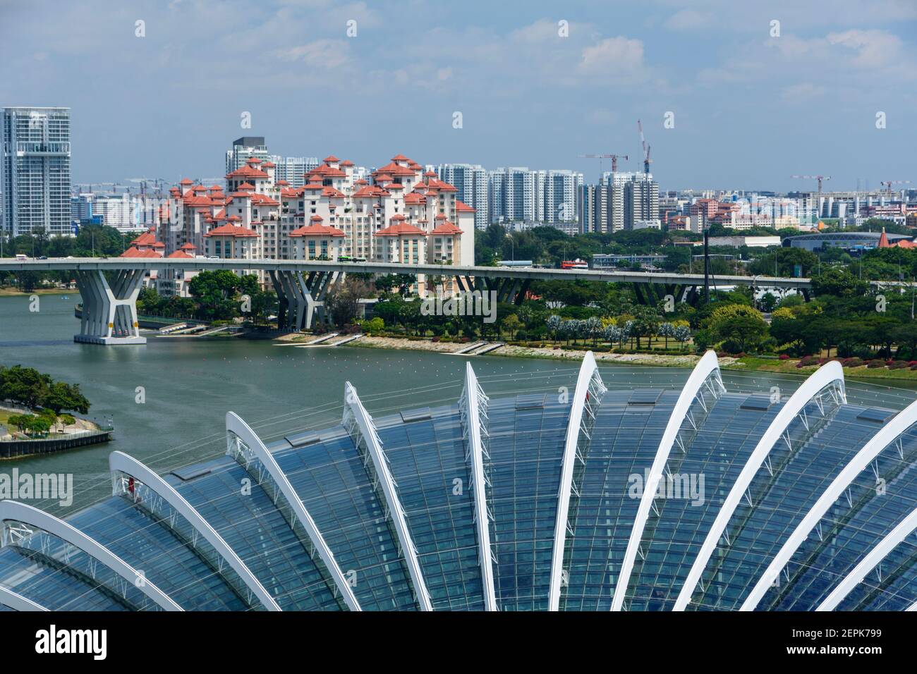 The roof of the Flower Dome and the Benjamin Sheares Bridge seen from ...