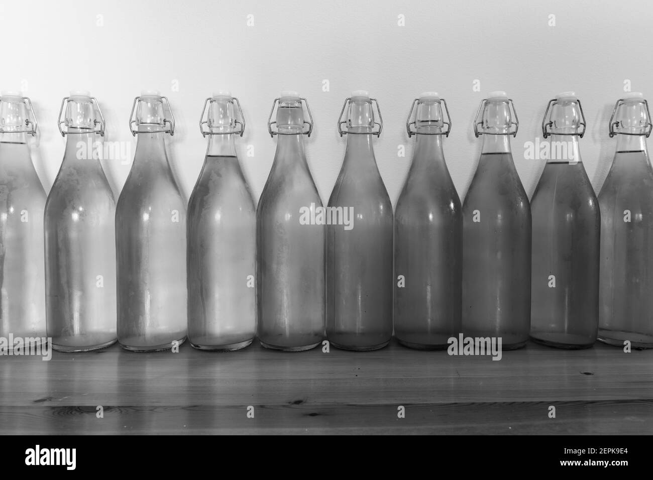Black and white photo of a row of flip top bottles of home made cider ...