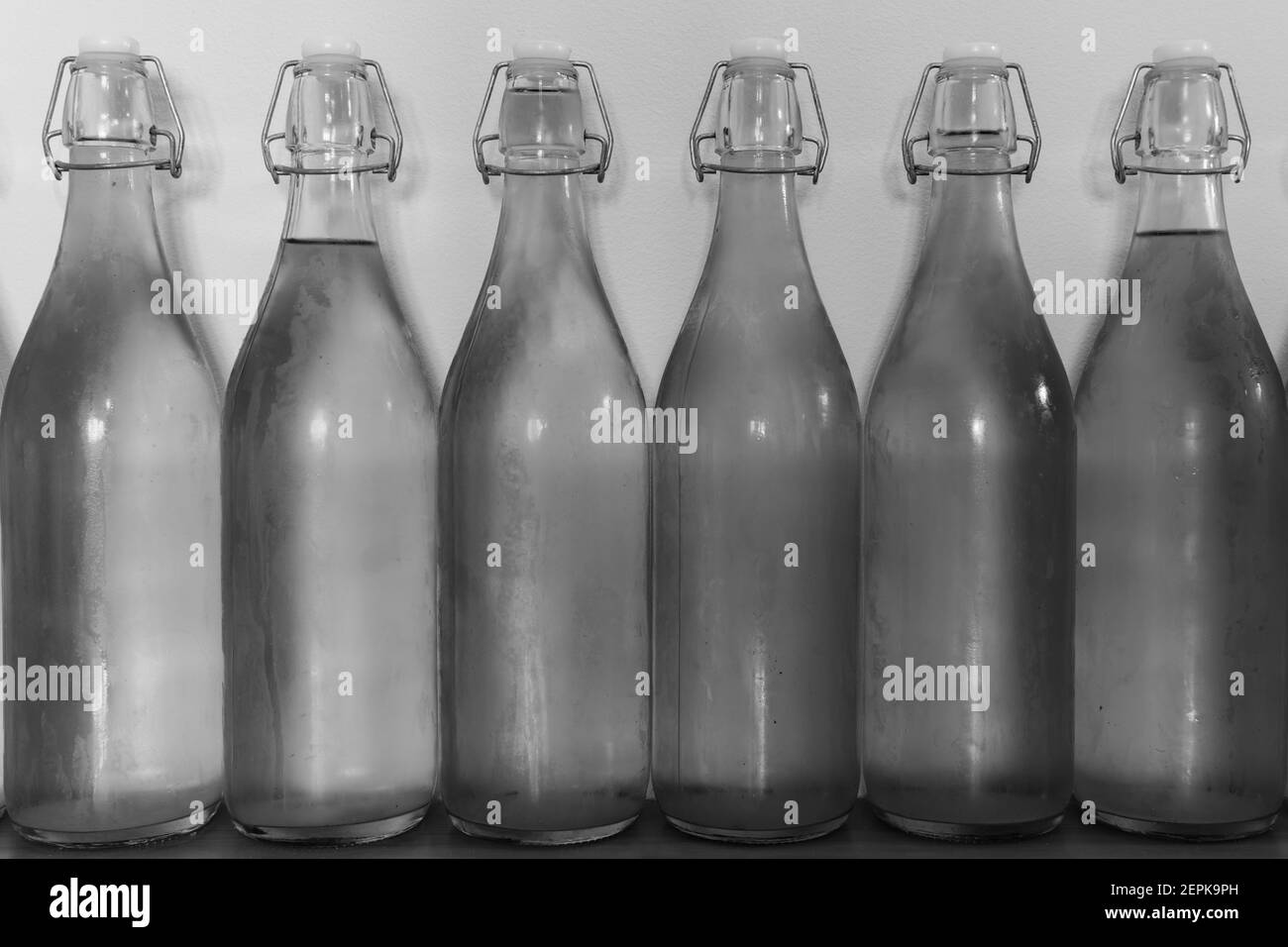 Black and white photo of a row of flip top bottles of home made cider ...