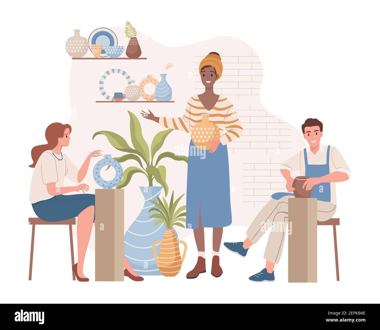 Woman teaching people on pottery lessons vector flat illustration ...