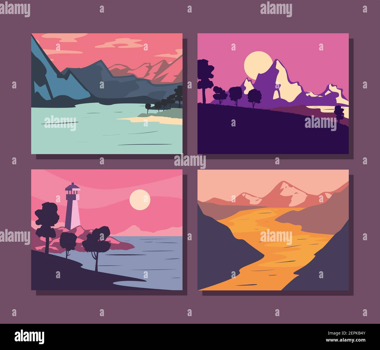 Landscape of mountains posters icon set design, nature and outdoor ...