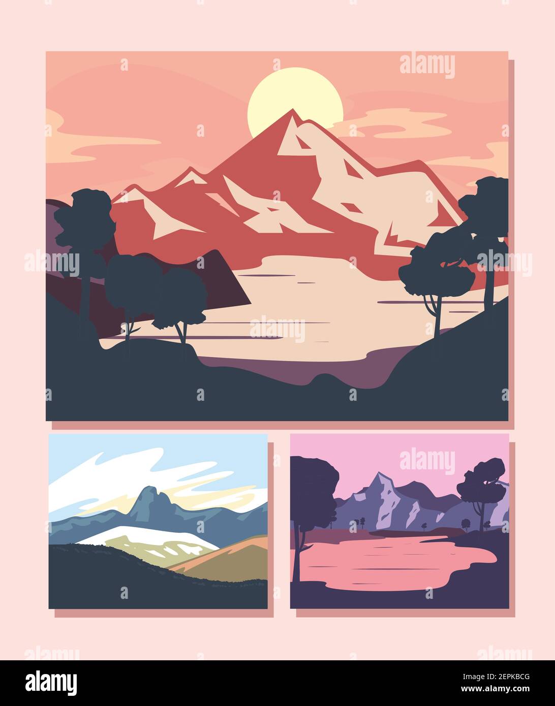 Landscape of mountains posters icon collection design, nature and ...