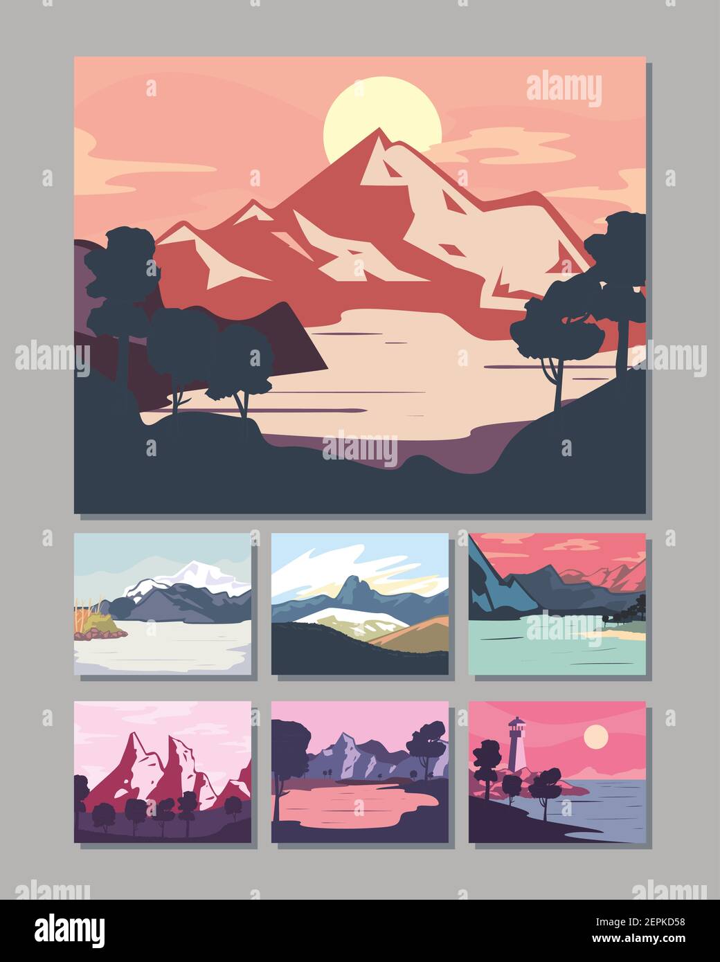 Landscape of mountains posters icon group design, nature and outdoor ...