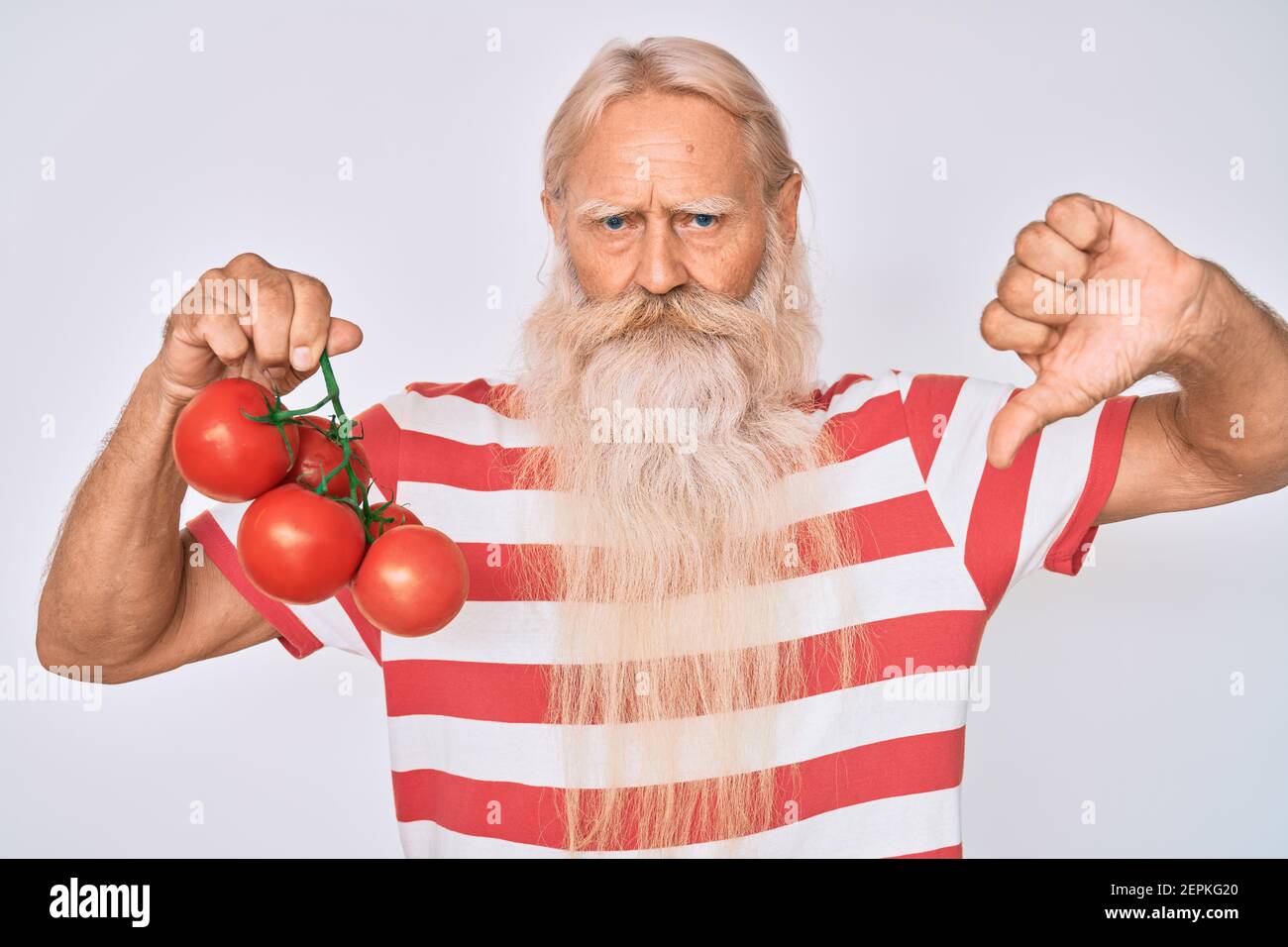 Old senior man with grey hair and long beard holding freh ripe tomatos ...