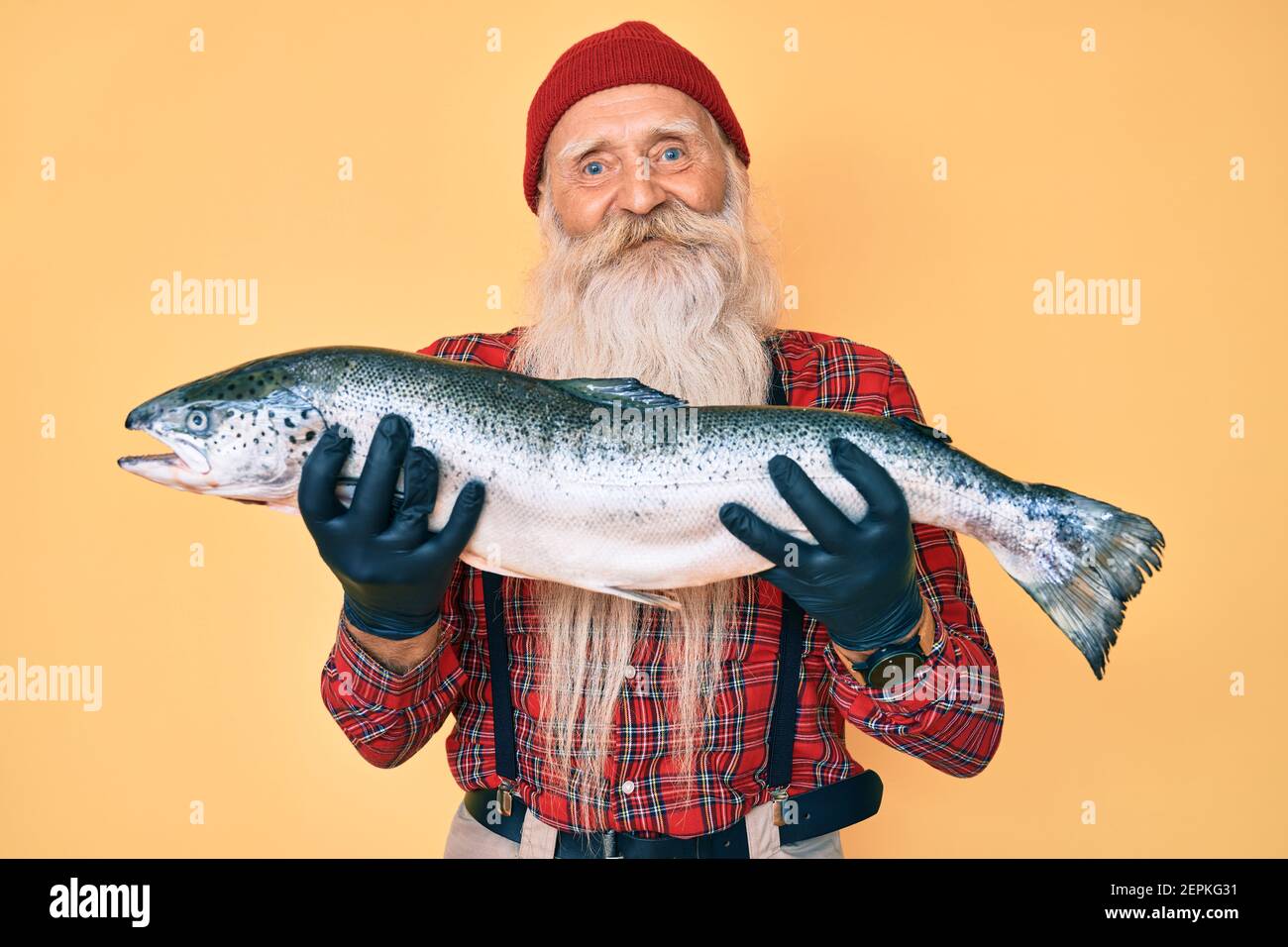 Old senior man with grey hair and long beard showing raw salmon smiling ...
