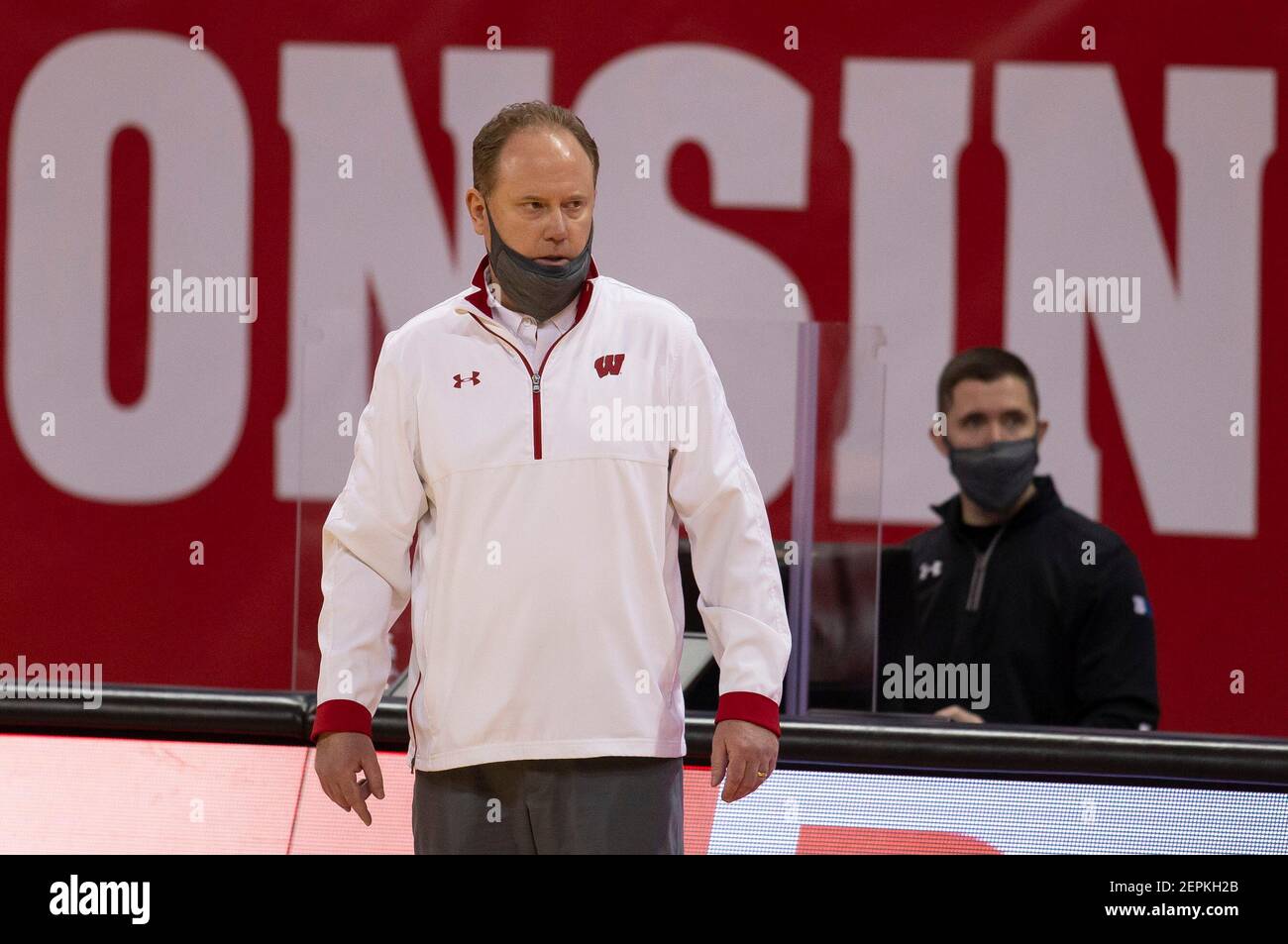 Madison, WI, USA. 27th Feb, 2021. Wisconsin head coach Greg Gard looks ...