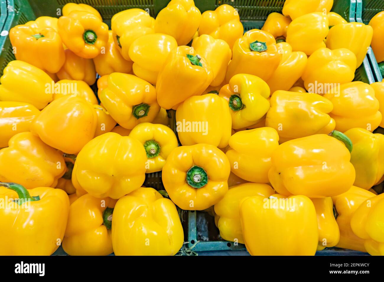 Bell pepper texture, yellow bell peppers laid in grocery shop Stock ...