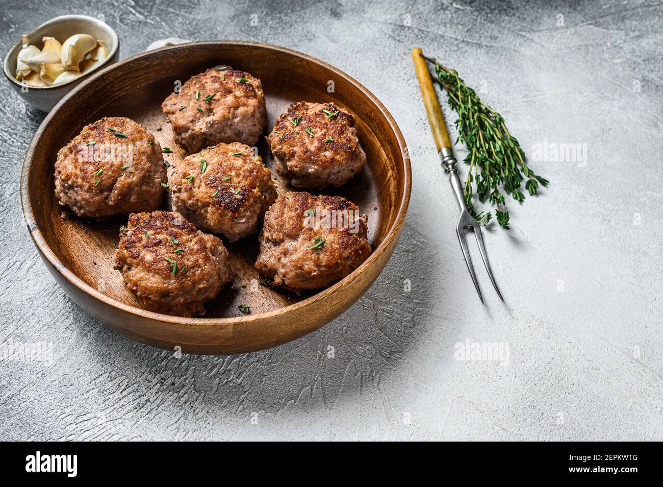 Homemade fried cutlets from beef and pork meat. White background. Top ...