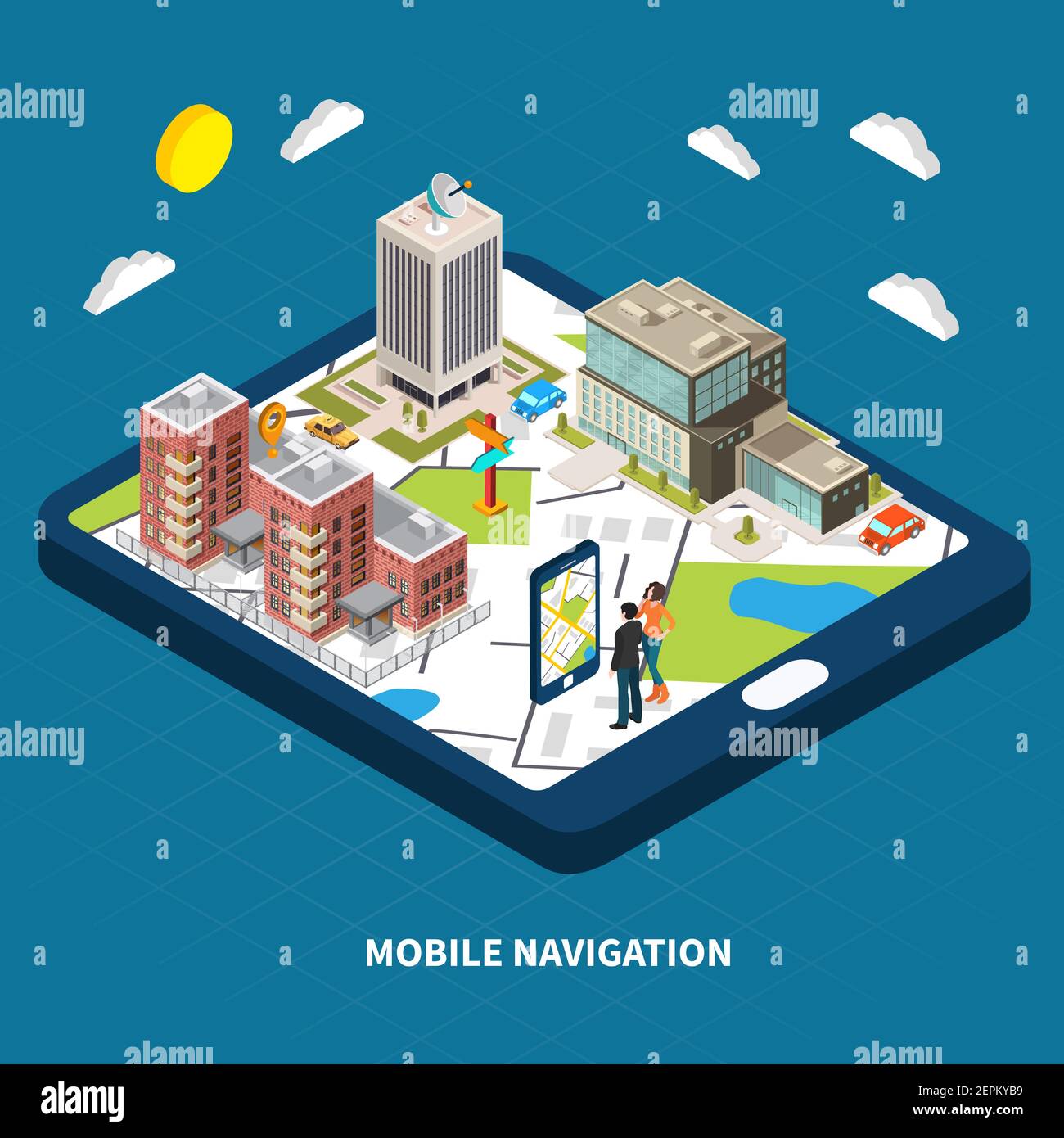 Mobile navigation concept with city and people symbols on blue ...