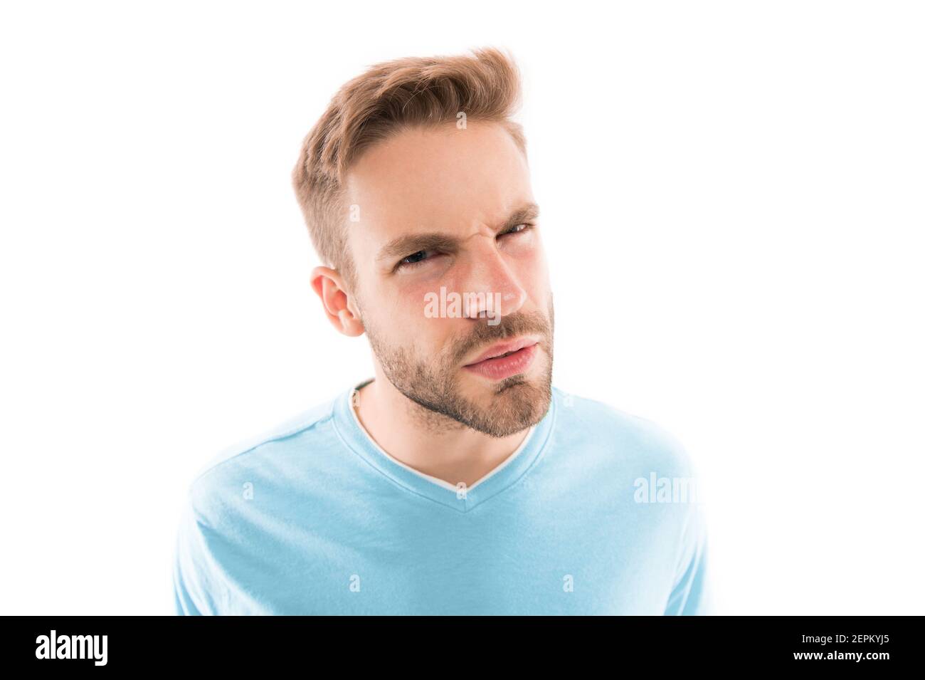 What did you say. Stress resistance concept. Guy tense face expression ...