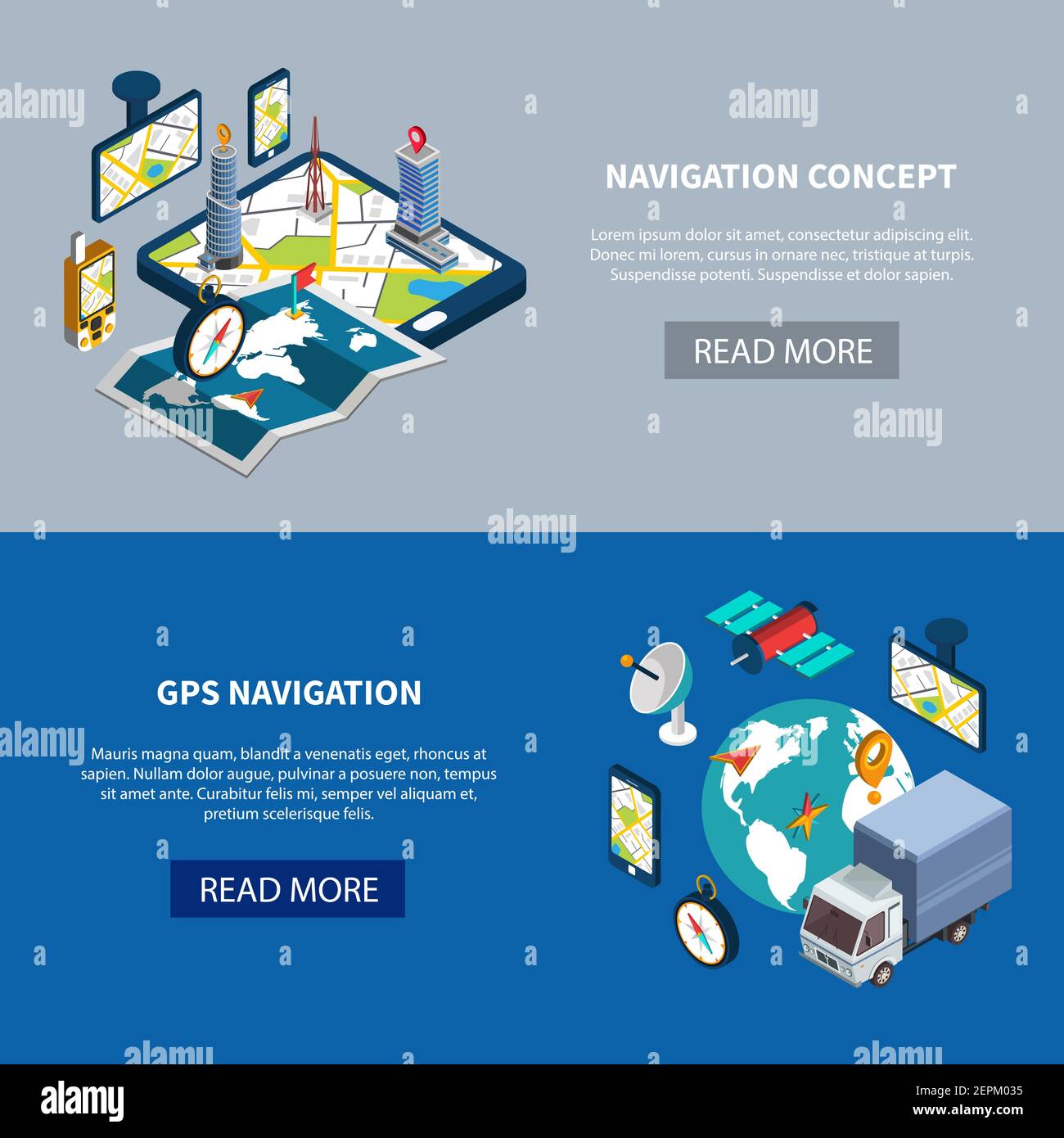 Navigation horizontal banners set with gps navigation symbols isometric ...