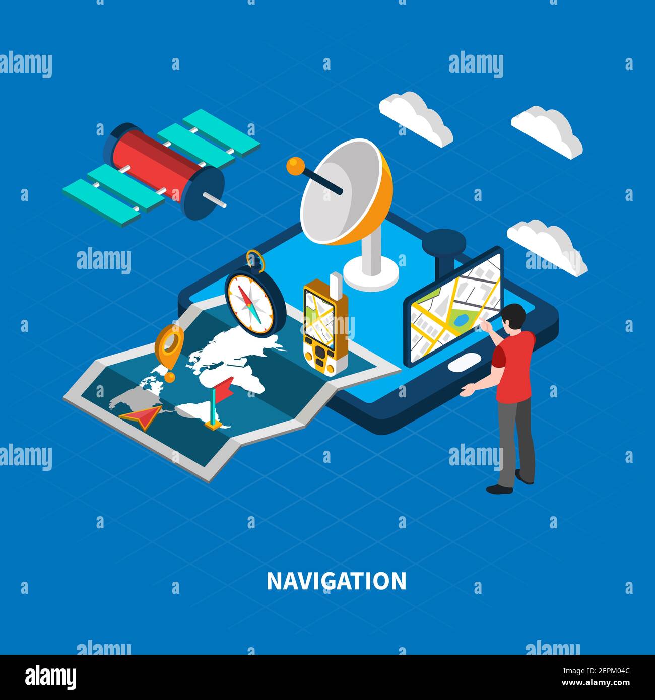 Navigation concept with map and search symbols on blue background ...