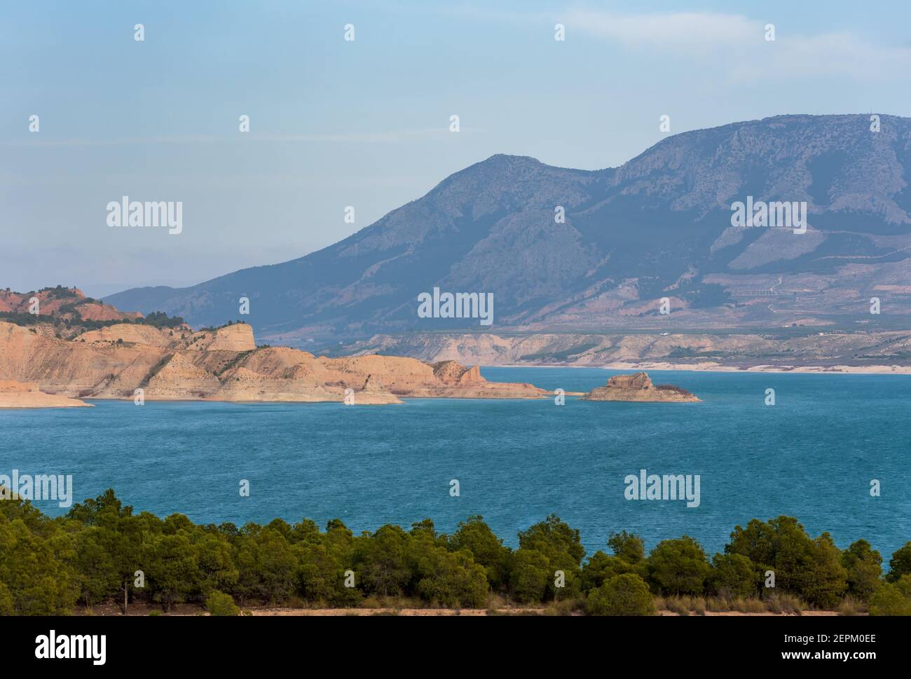 Panoramic view of the Negratin reservoir, its forests, mountains and ...