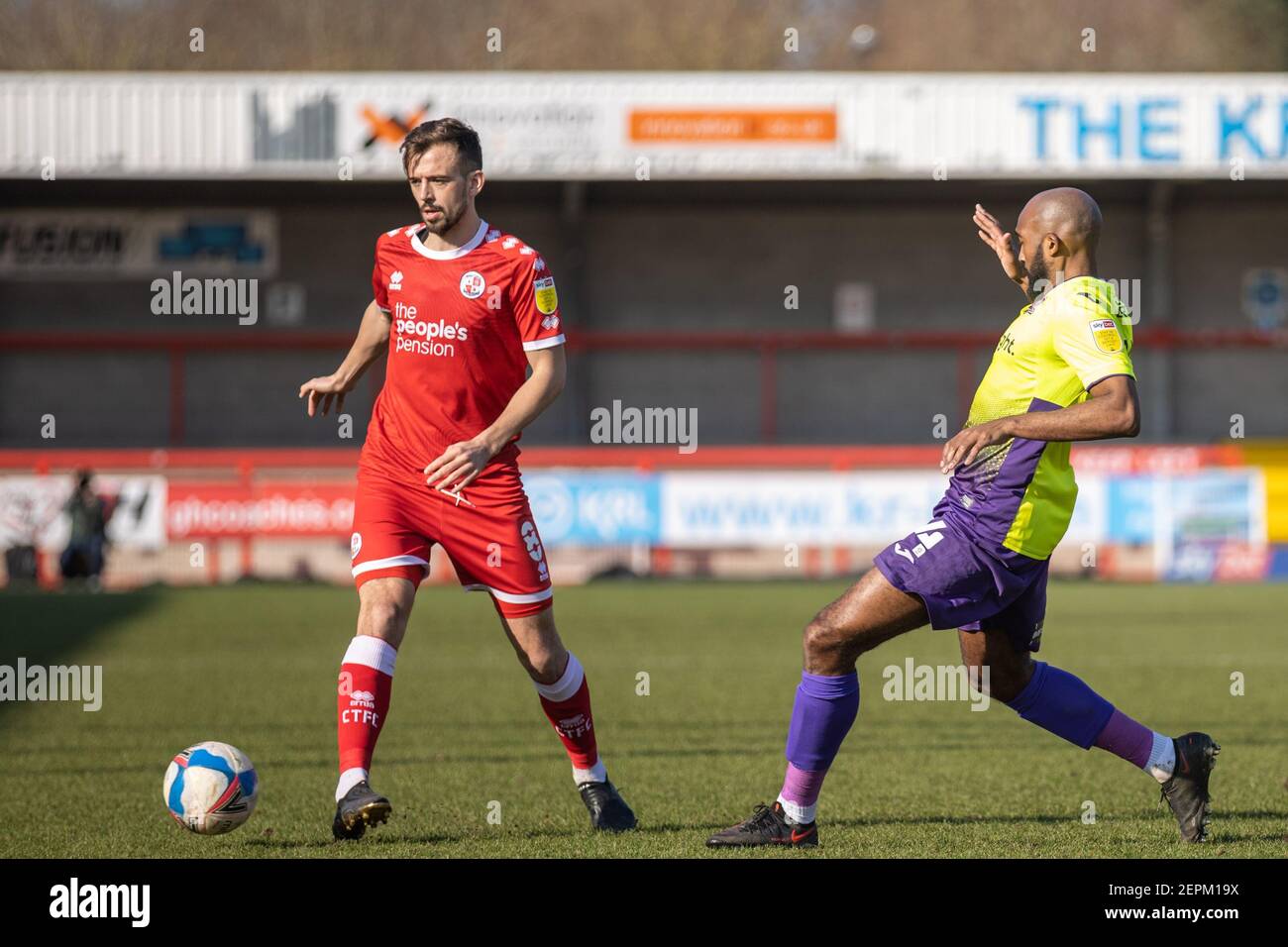 Crawley, UK. 27th Feb, 2021. Jack Powell #8 of Crawley Town gets the ...
