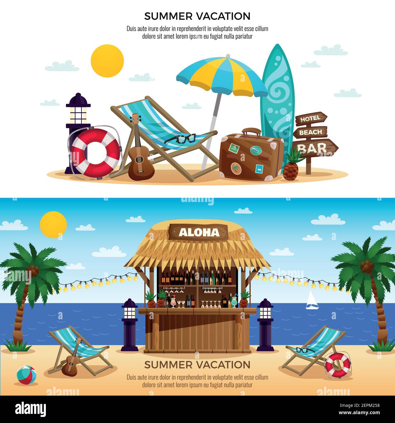 Summer vacation horizontal banners with tropical bungalow bar and set ...
