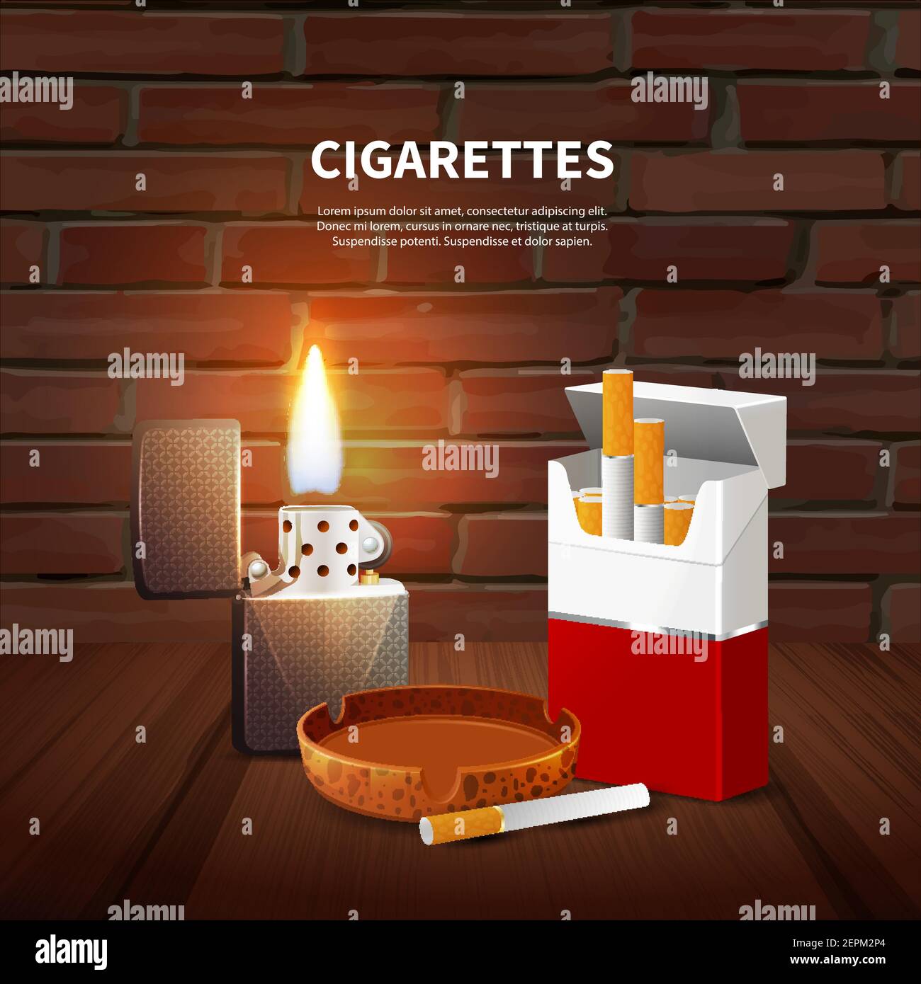 Tobacco realistic poster with pack of cigarettes ashtray and lighter on ...