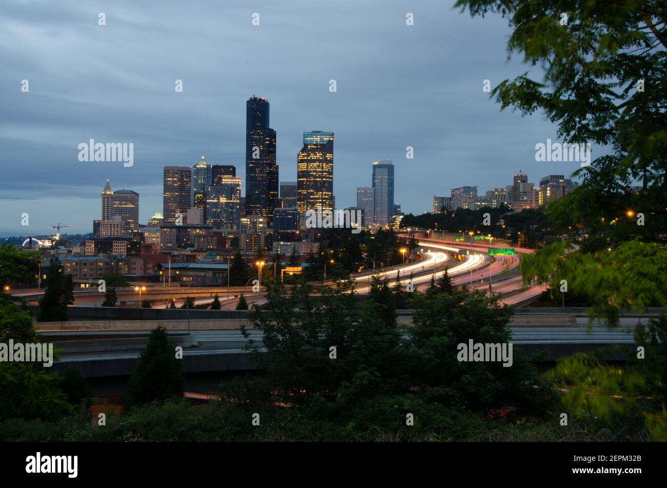 Seattle Skyline Cityscape with Light Trails and Traffic Stock Photo - Alamy