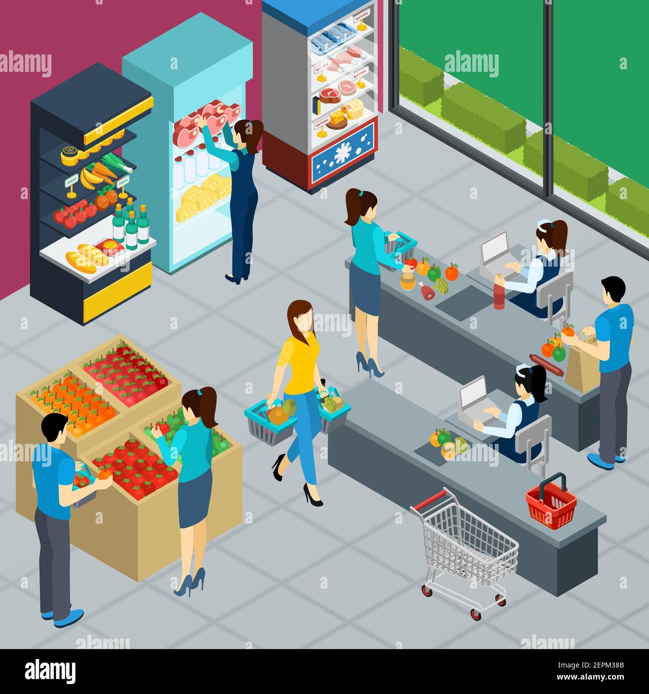 Supermarket interior isometric poster with people shopping in grocery ...
