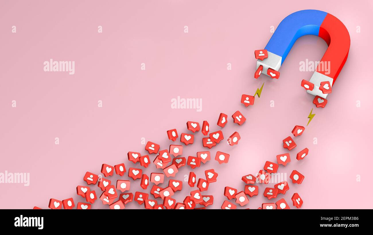 Magnet attracts Instagram likes on a pink background. Copy space for ...