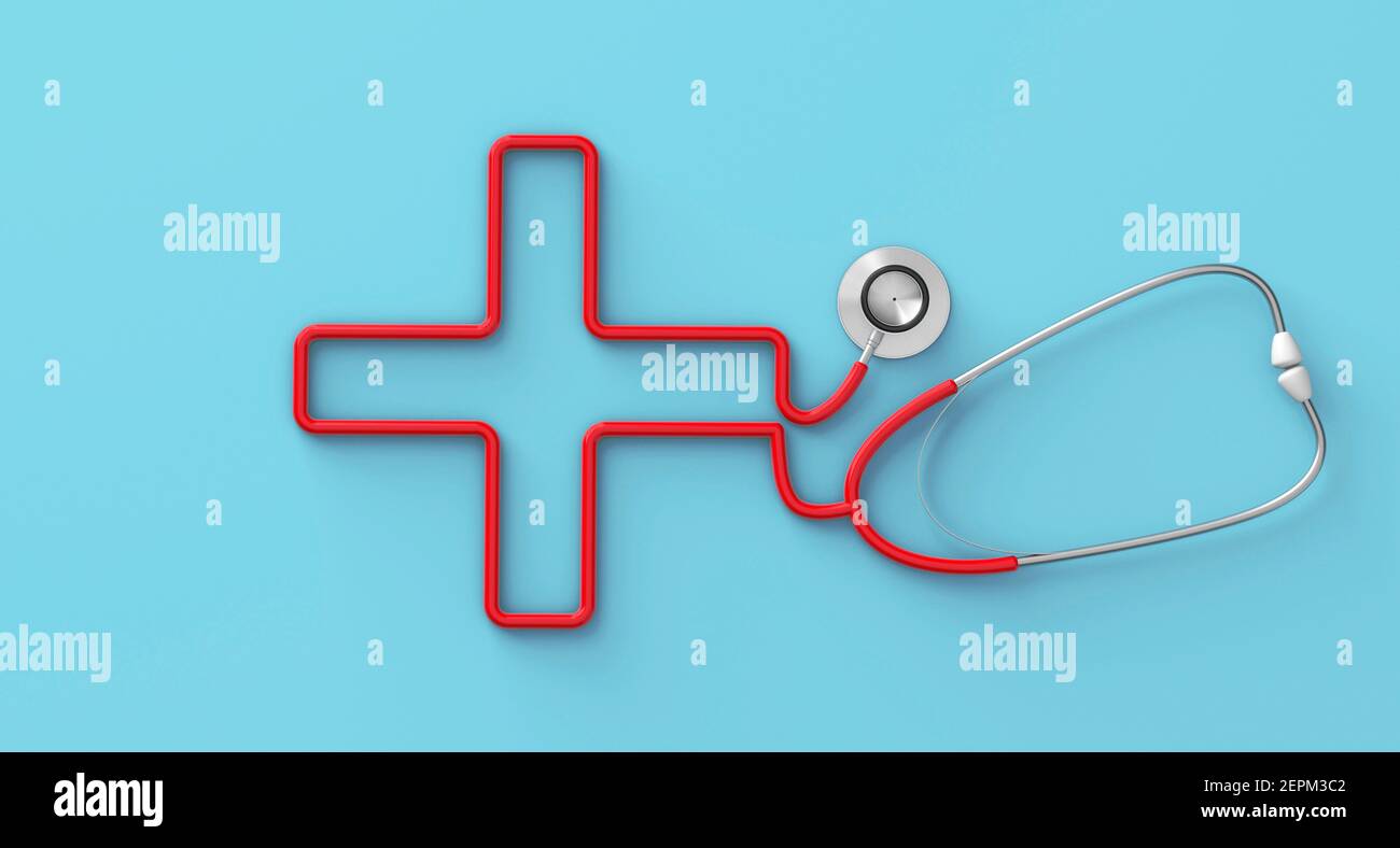 Stethoscope in the shape of a cross on a blue background. 3d render ...