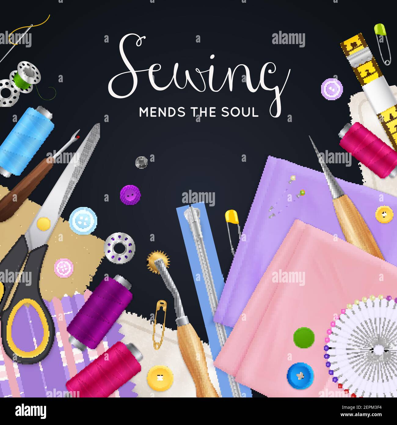 Realistic colorful sewing tools for handiwork on black background with ...