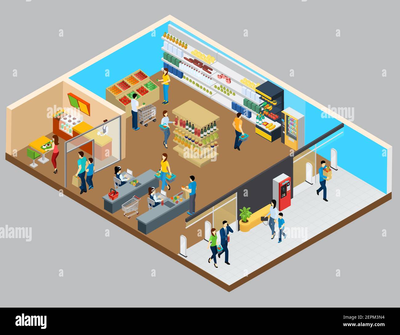 Grocery store isometric design concept with shelves filled by products ...