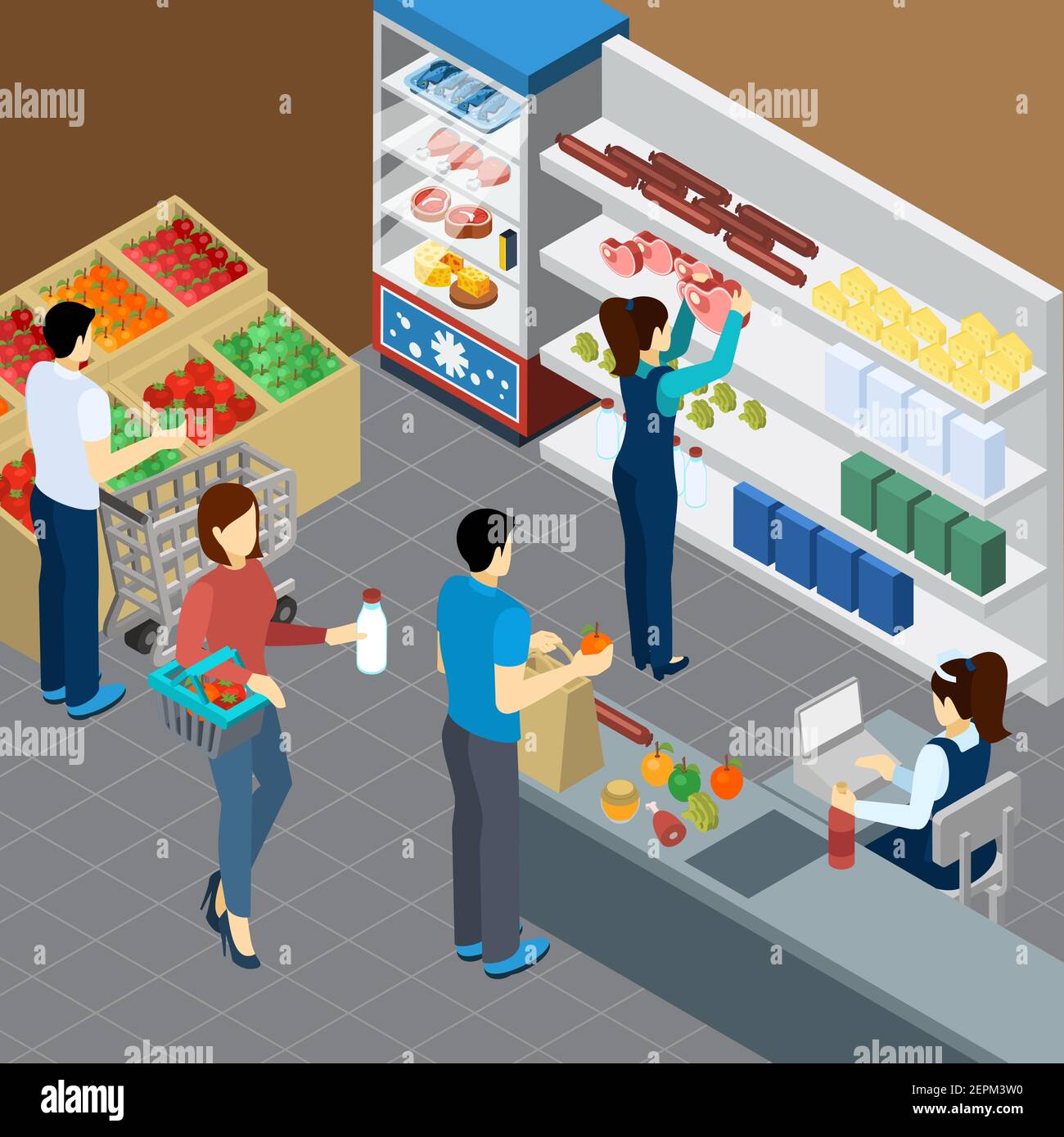 Grocery store isometric composition with visitors cashier and shelves ...