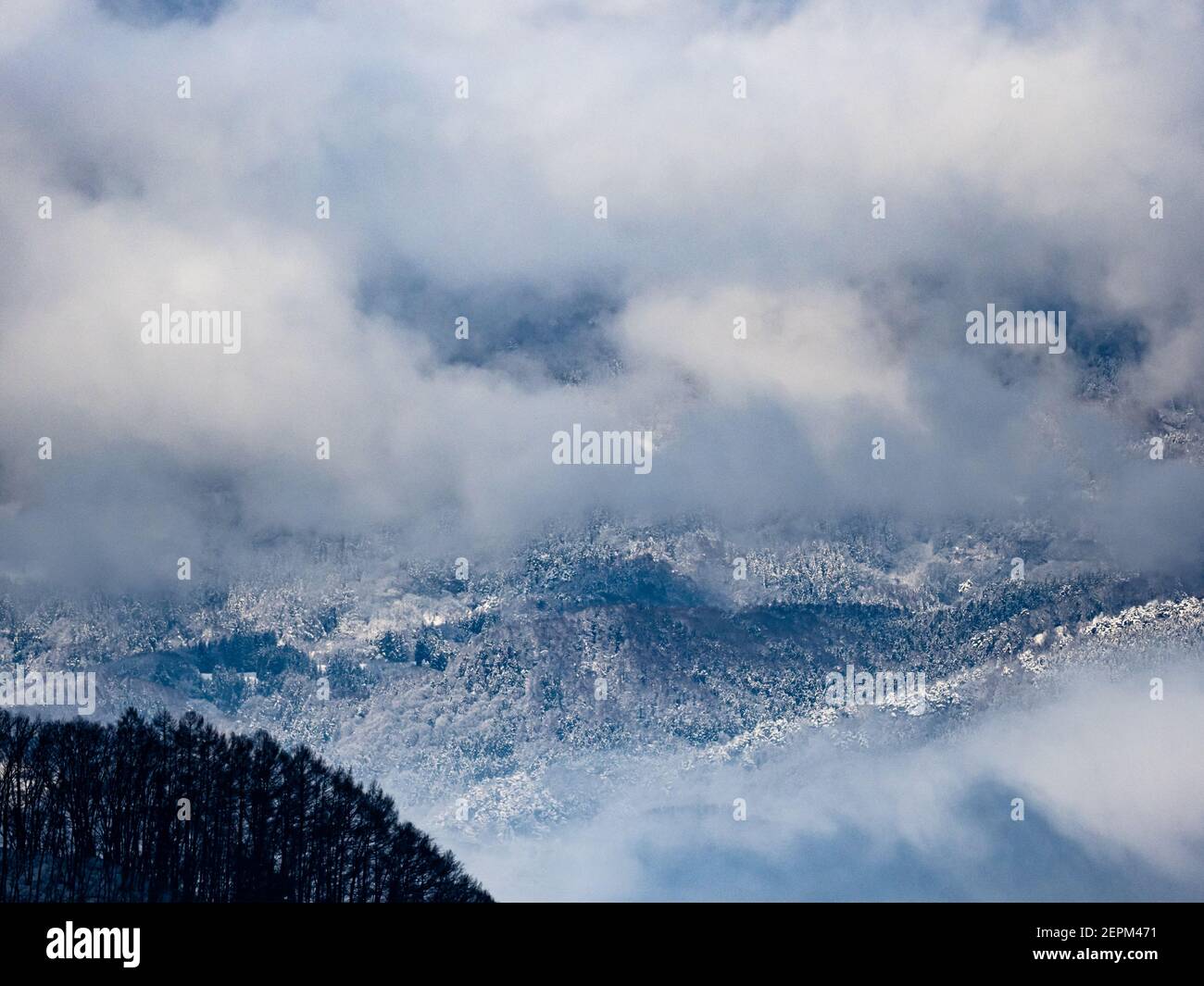 Clouds and mist rise above the forests in the foothills of the Japanese ...