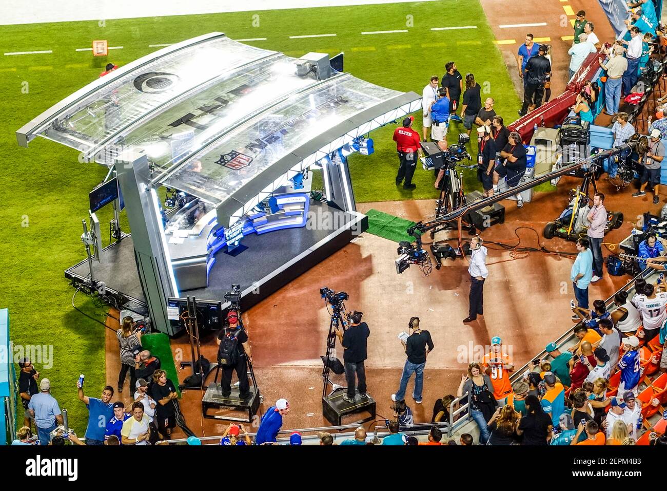 The NFL Broadcast Booth at the Miami Dolphins-Buffalo Bills game at the ...