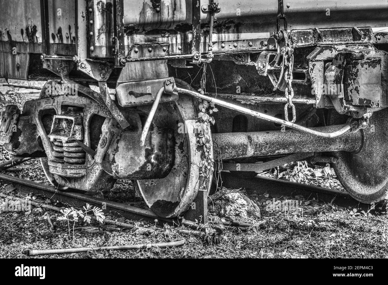Detail of the undercarriage and wheels of the old boxcar outside the ...