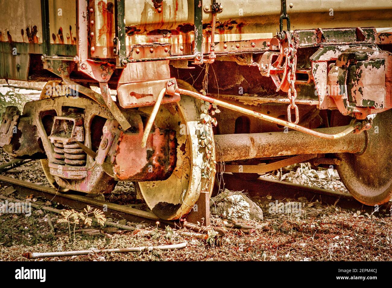 Detail of the undercarriage and wheels of the old boxcar outside the ...