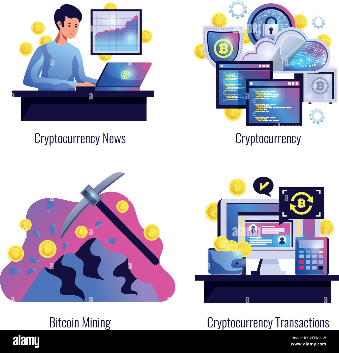 Cryptocurrency 2x2 design concept set of bitcoin mining finance market news and cryptocurrency ...