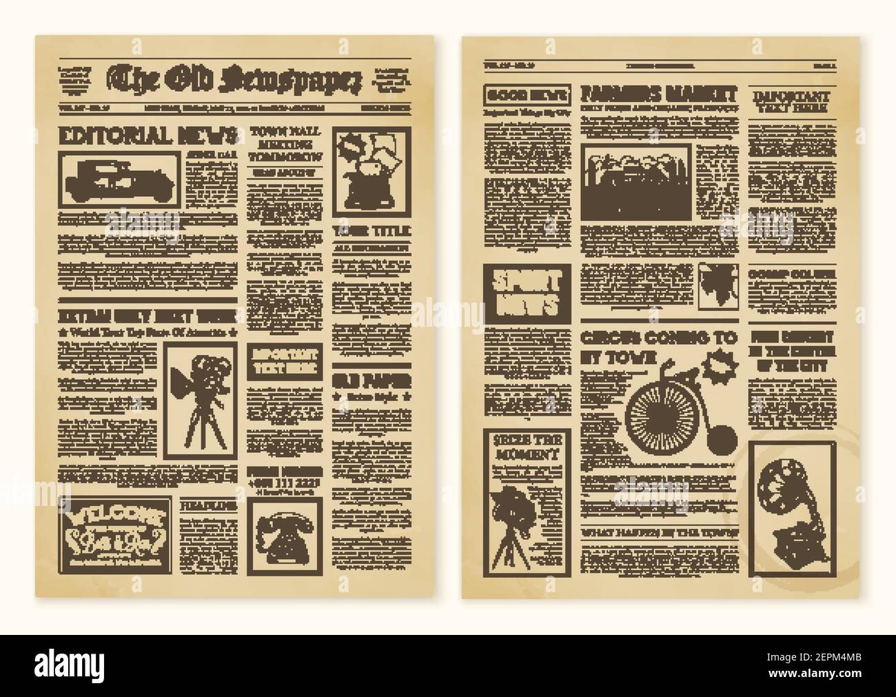 Yellowed realistic newspaper pages in vintage design with headers of ...