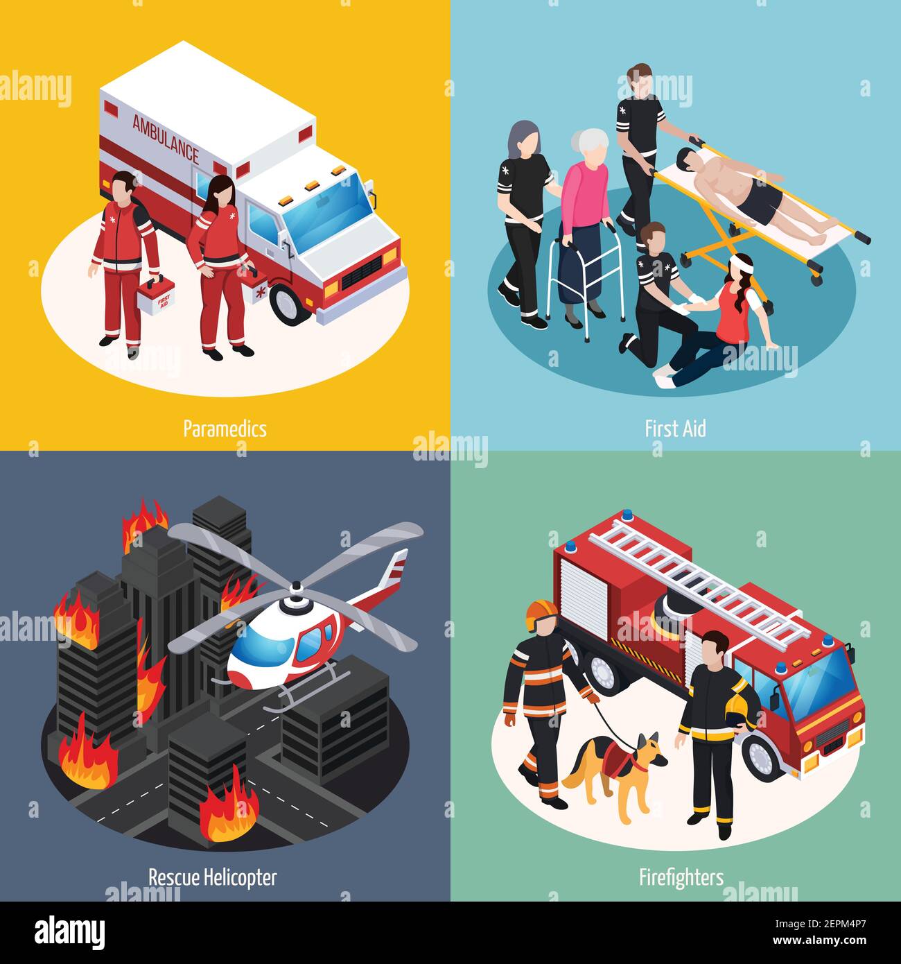 Rescue team 2x2 design concept set of paramedics firefighters rescue ...