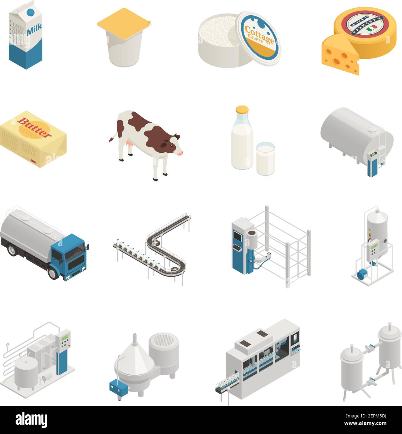 Dairy production milk factory isometric icons collection with isolated ...