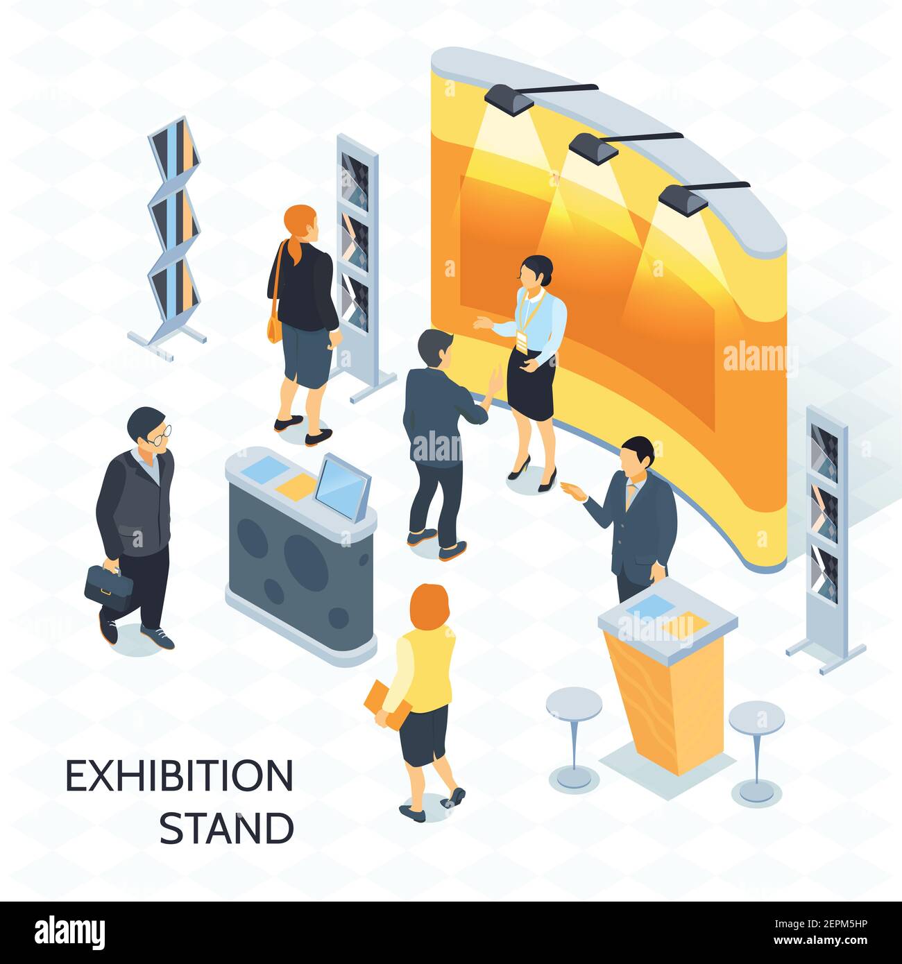 Exhibition isometric vector illustration with visitors and consultant ...