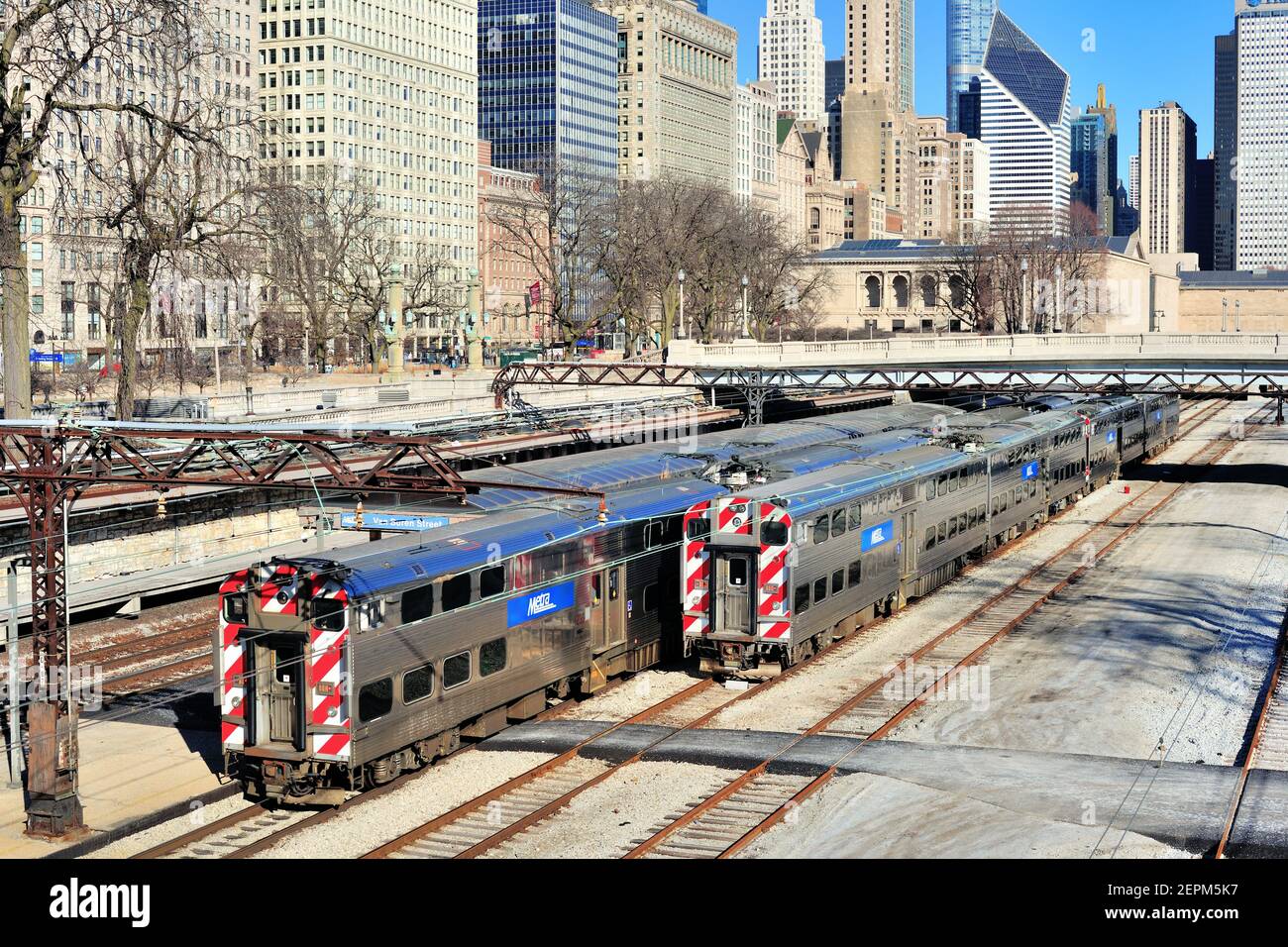 Chicago, Illinois, USA. An inbound Metra commuter train arriving along electrified trackage ...