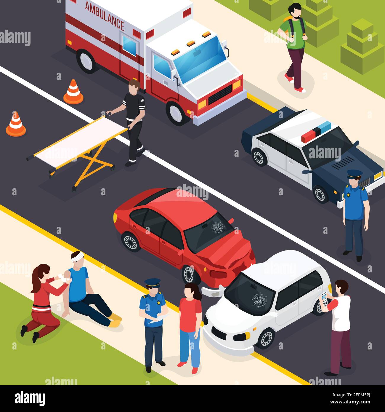 Emergency team isometric composition showing car accident with watchers ...
